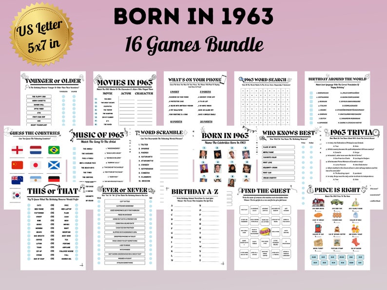 60th Birthday Party Games, Born in 1963 Birthday Games, Printable 16 ...