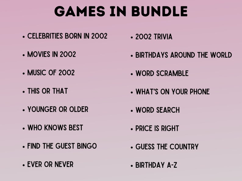 21st Birthday Party Games, Born in 2002 Birthday Games, Printable 16 ...