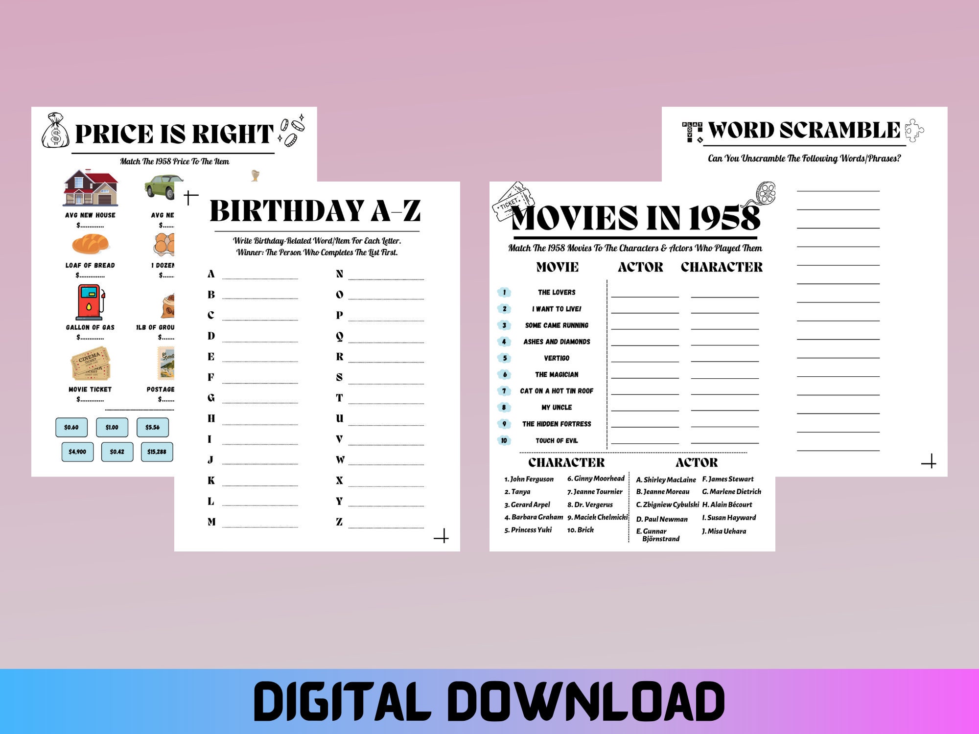 65th Birthday Party Games, Born in 1958 Birthday Games, Printable 16 ...