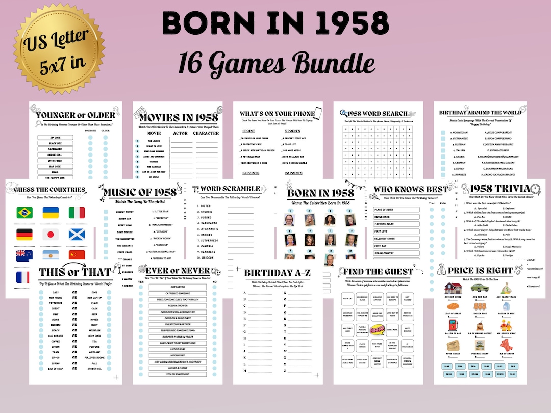 65th Birthday Party Games, Born in 1958 Birthday Games, Printable 16 ...