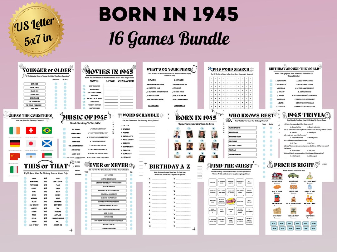 78th Birthday Party Games, Born in 1945 Birthday Games, Printable 16 ...