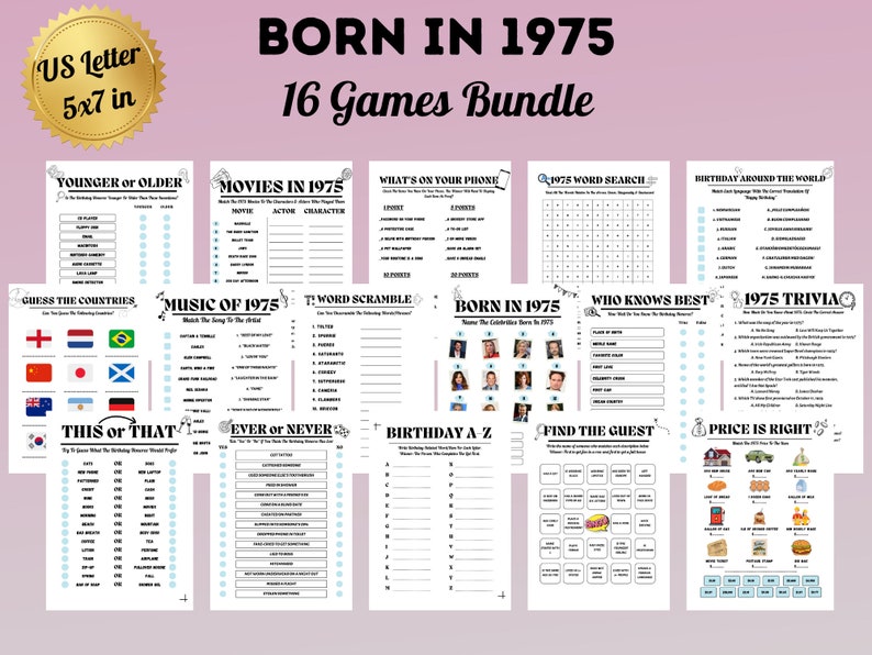 48th Birthday Party Games, Born in 1975 Birthday Games, Printable 16 ...