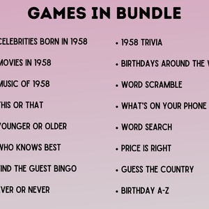 65th Birthday Party Games, Born in 1958 Birthday Games, Printable 16 ...