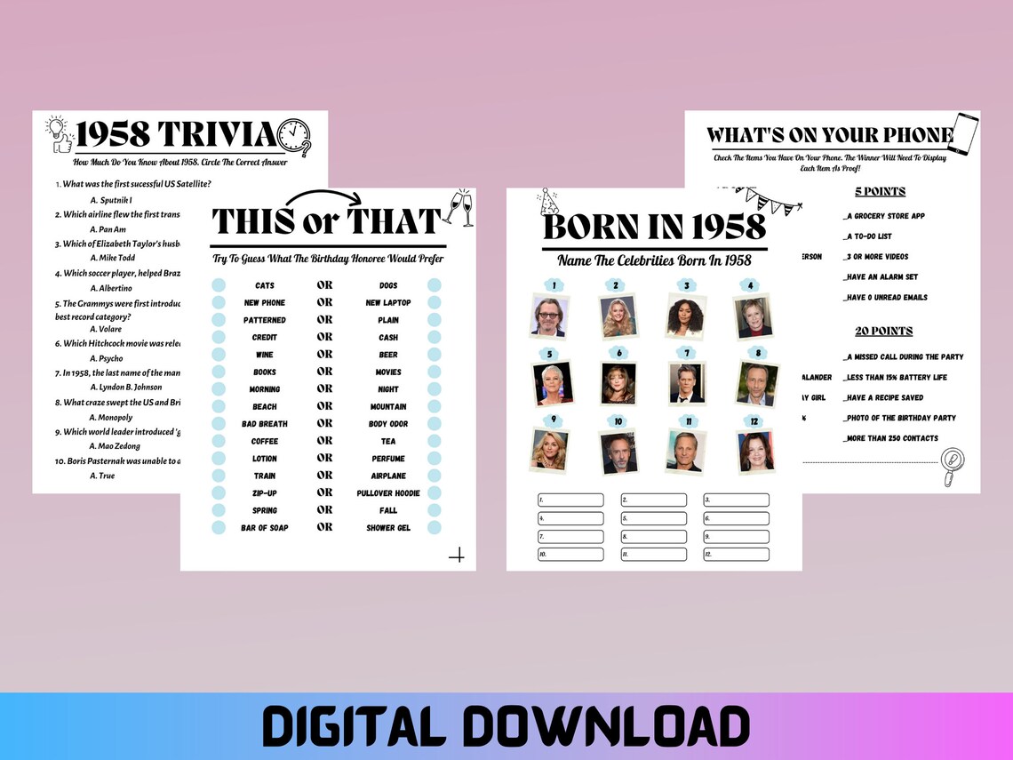 65th Birthday Party Games, Born in 1958 Birthday Games, Printable 16 ...