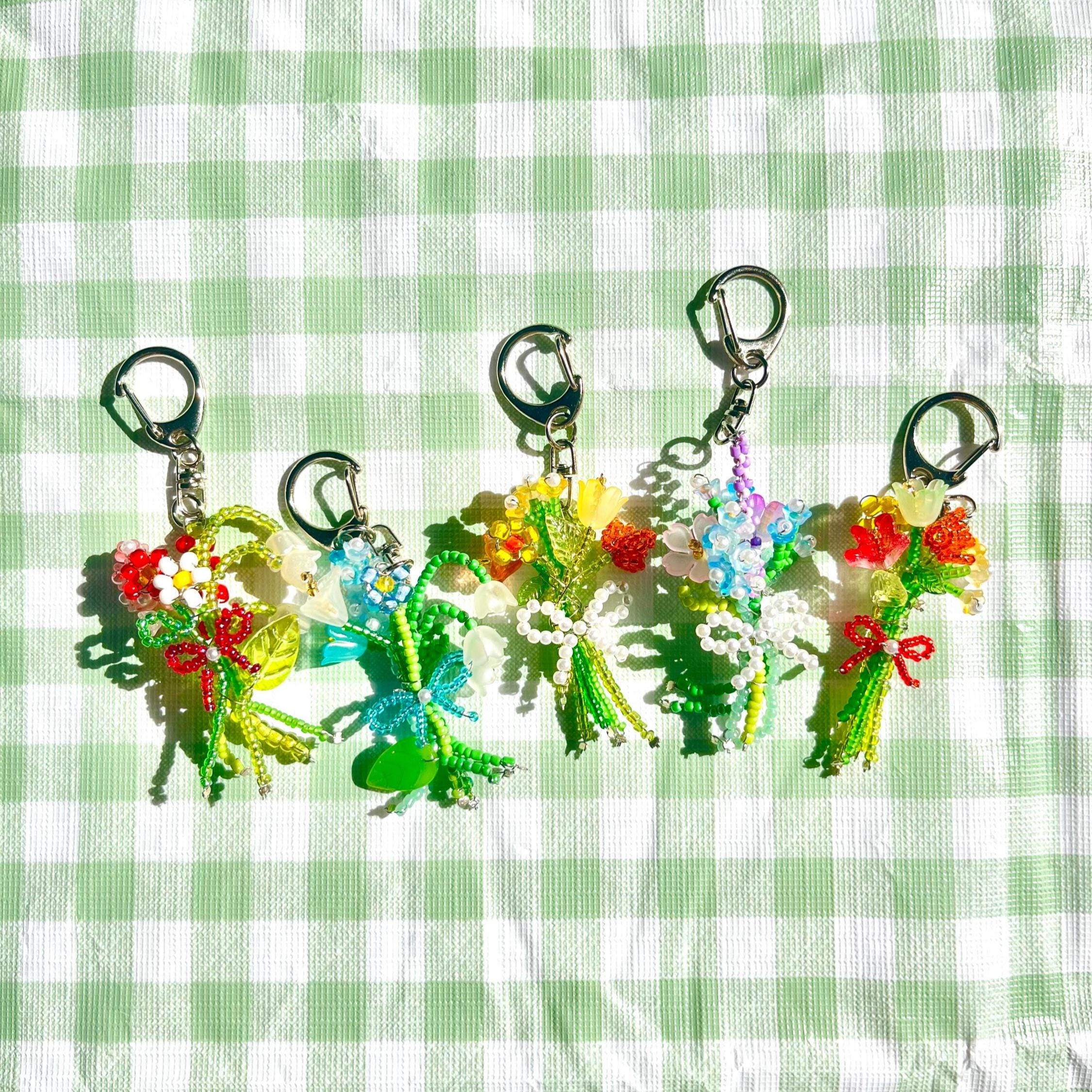 Beaded Flower Bouquet Keychain, Handmade Colorful Bead Charm With Bow ...