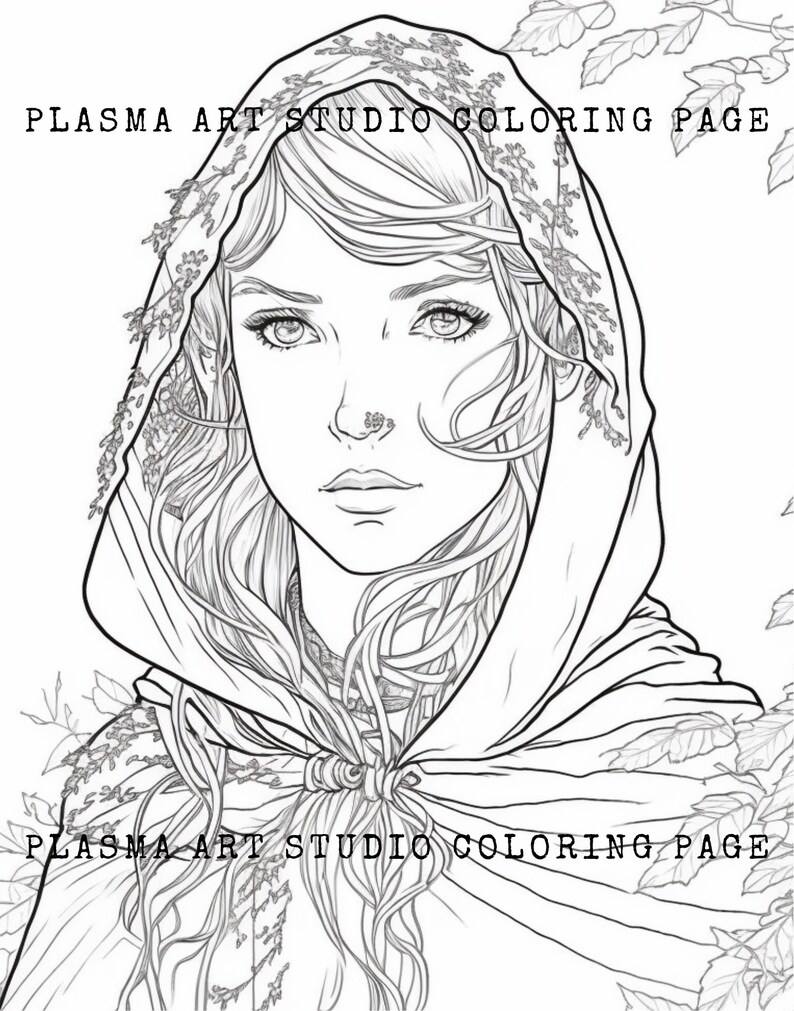 Hoodie Woman Princess • Coloring Page for Adults • Grayscale Coloring ...