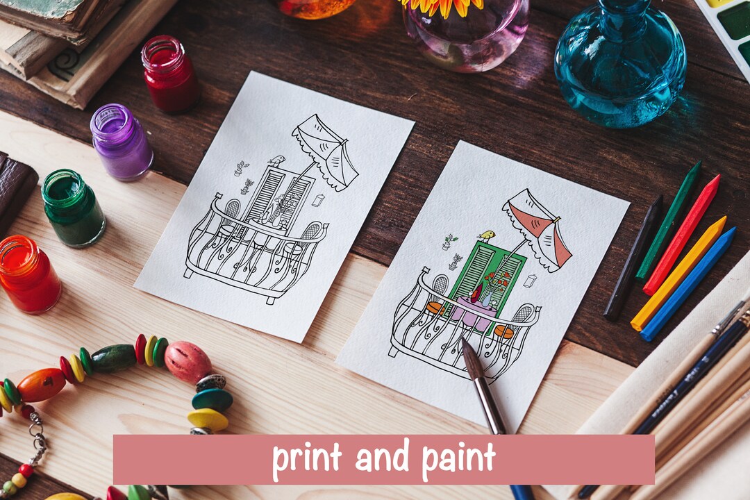 Digital Printable Balcony Coloring Page and Line Art for Painting and ...