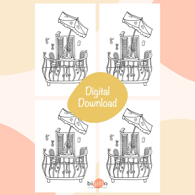 Digital Printable Balcony Coloring Page and Line Art for Painting and ...
