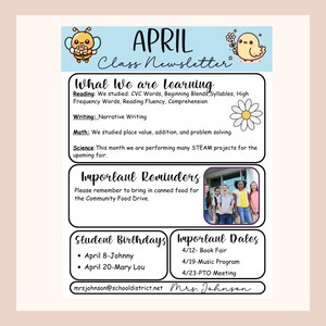 April Classroom Newsletter Editable Template,class Newsletter,spring ...