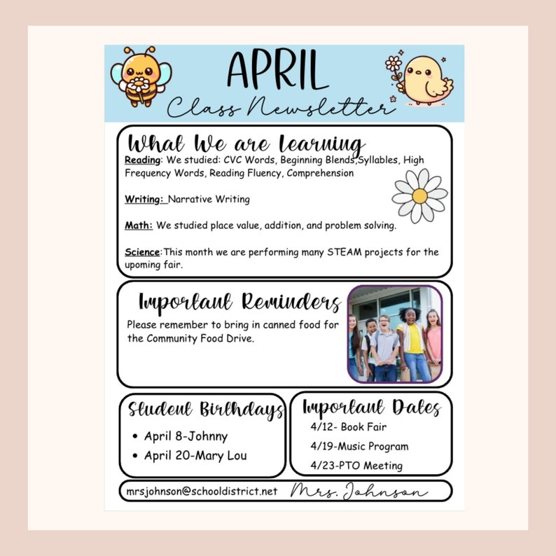 April Classroom Newsletter Editable Template,class Newsletter,spring ...