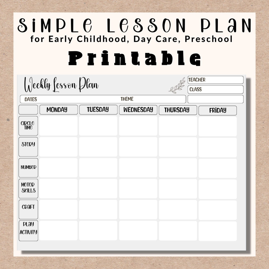 Simple Weekly Lesson Plan Template-preschool/prek/ Kindergarten/daycare ...