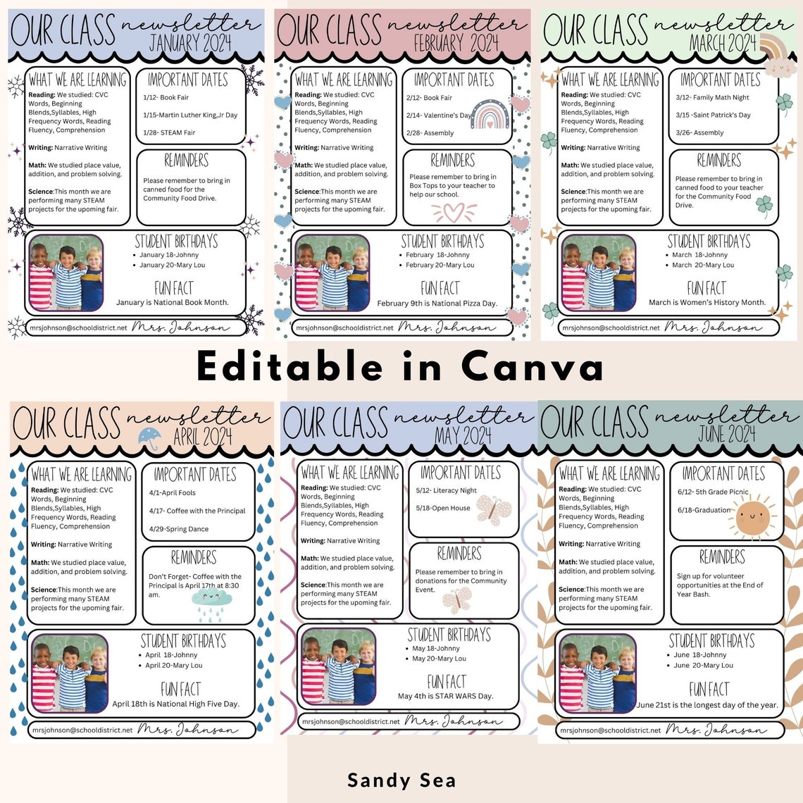 Classroom Newsletter Editable Template Set,seasonal Monthly Class ...