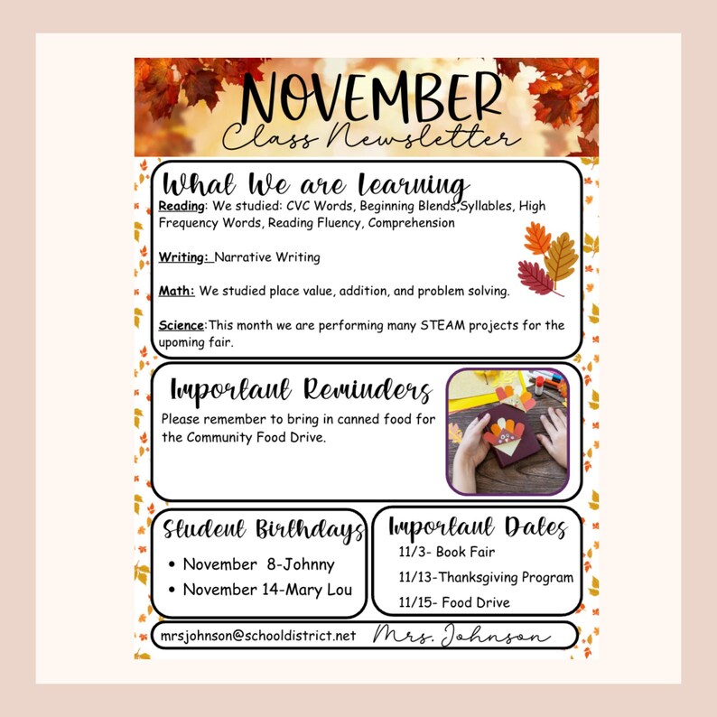 November Classroom Newsletter Editable Template,class Newsletter, Fall ...