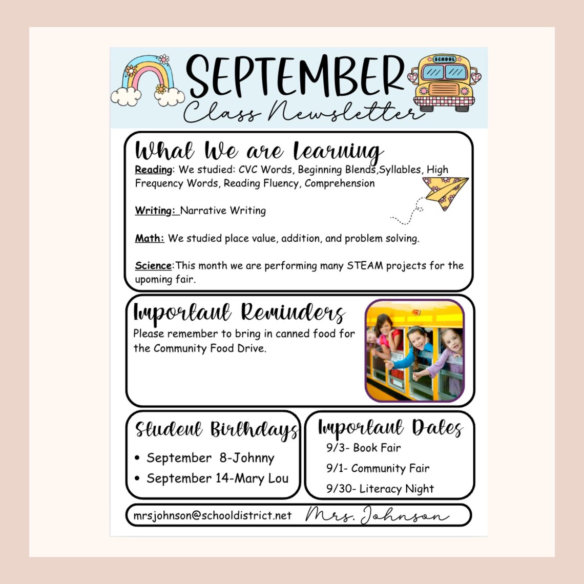 September Classroom Newsletter Editable Template, Class Newsletter ...
