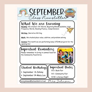 September Classroom Newsletter Editable Template, Class Newsletter ...