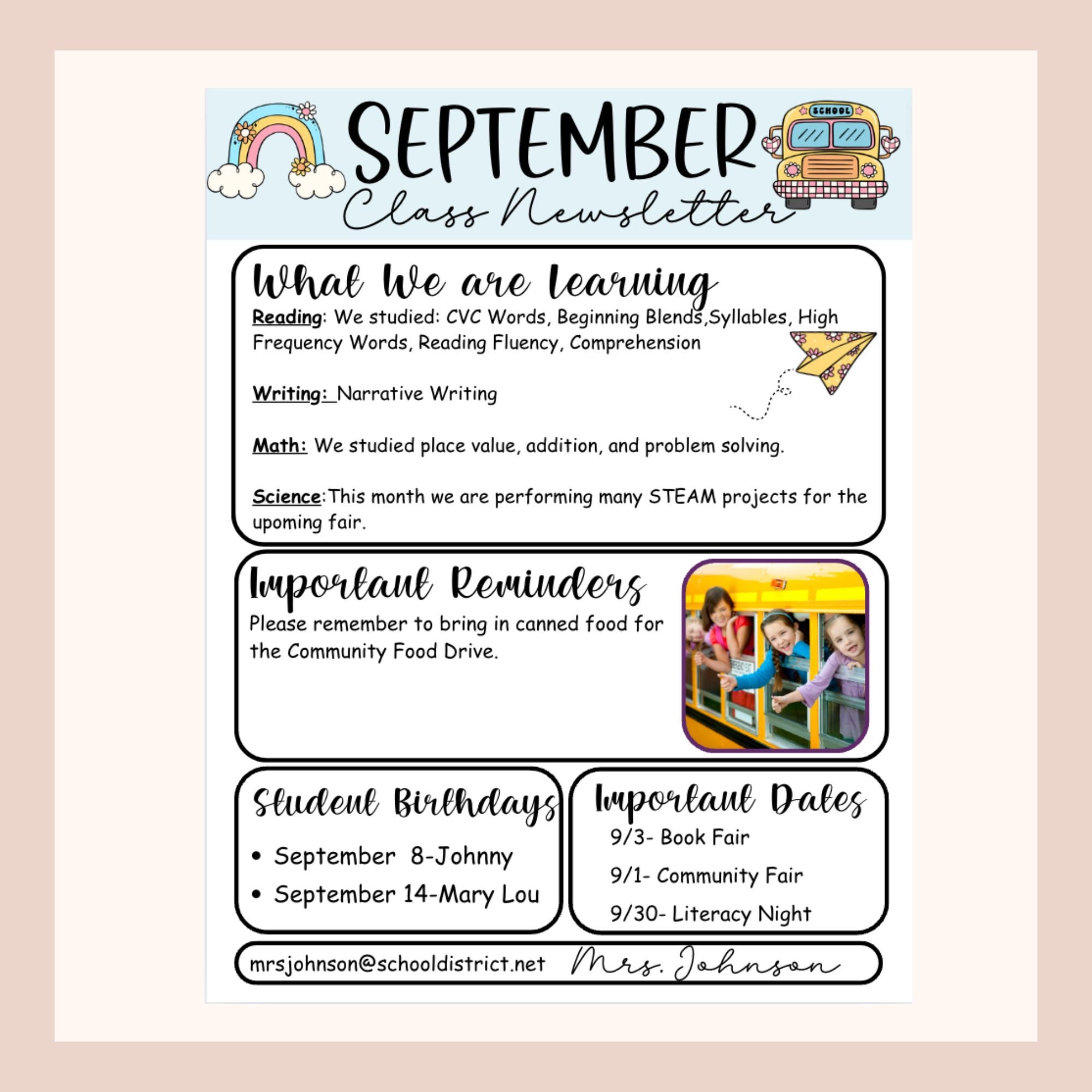 September Classroom Newsletter Editable Template, Class Newsletter ...