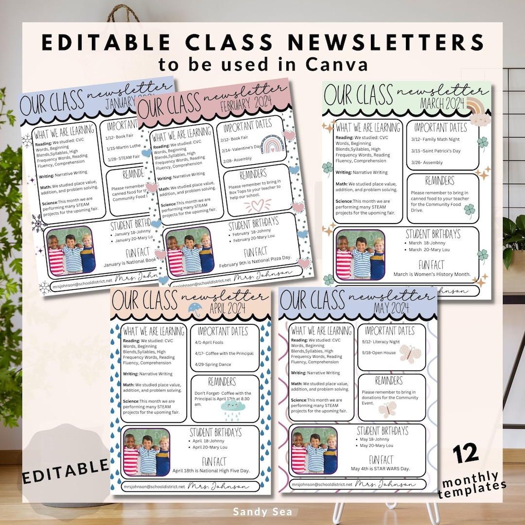 Classroom Newsletter Editable Template Set,seasonal Monthly Class ...