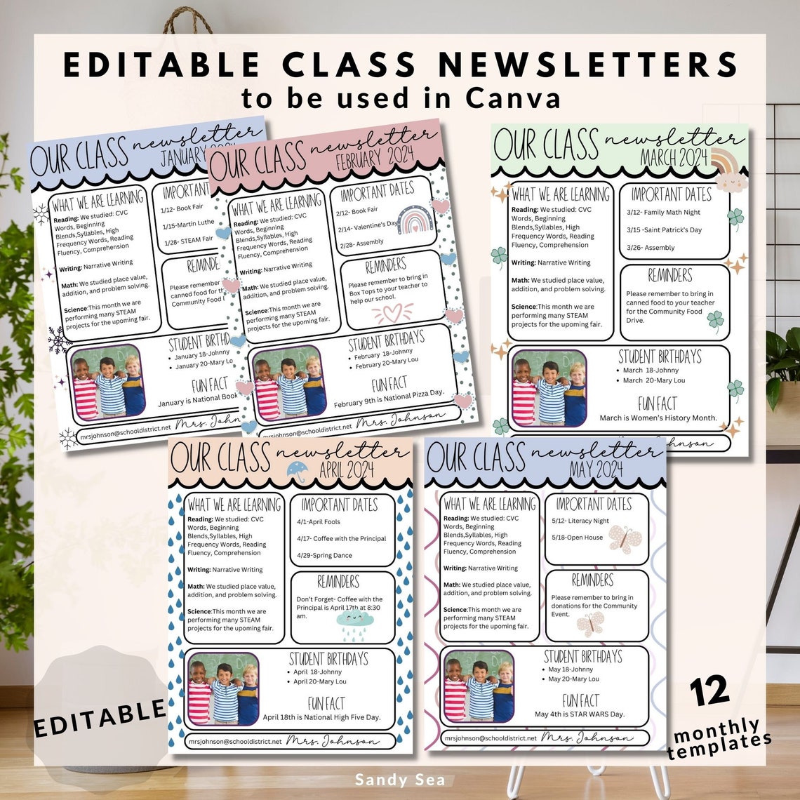 Classroom Newsletter Editable Template Set,seasonal Monthly Class ...
