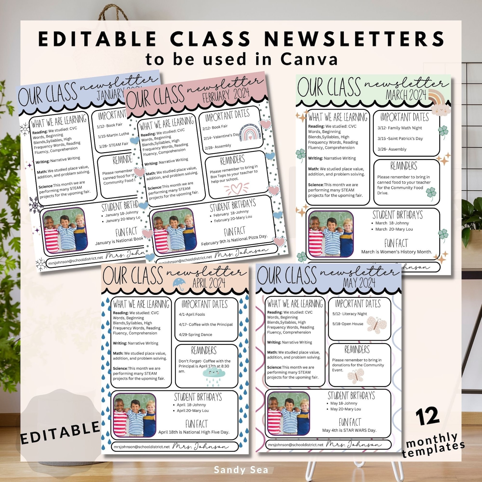 Classroom Newsletter Editable Template Set,seasonal Monthly Class ...