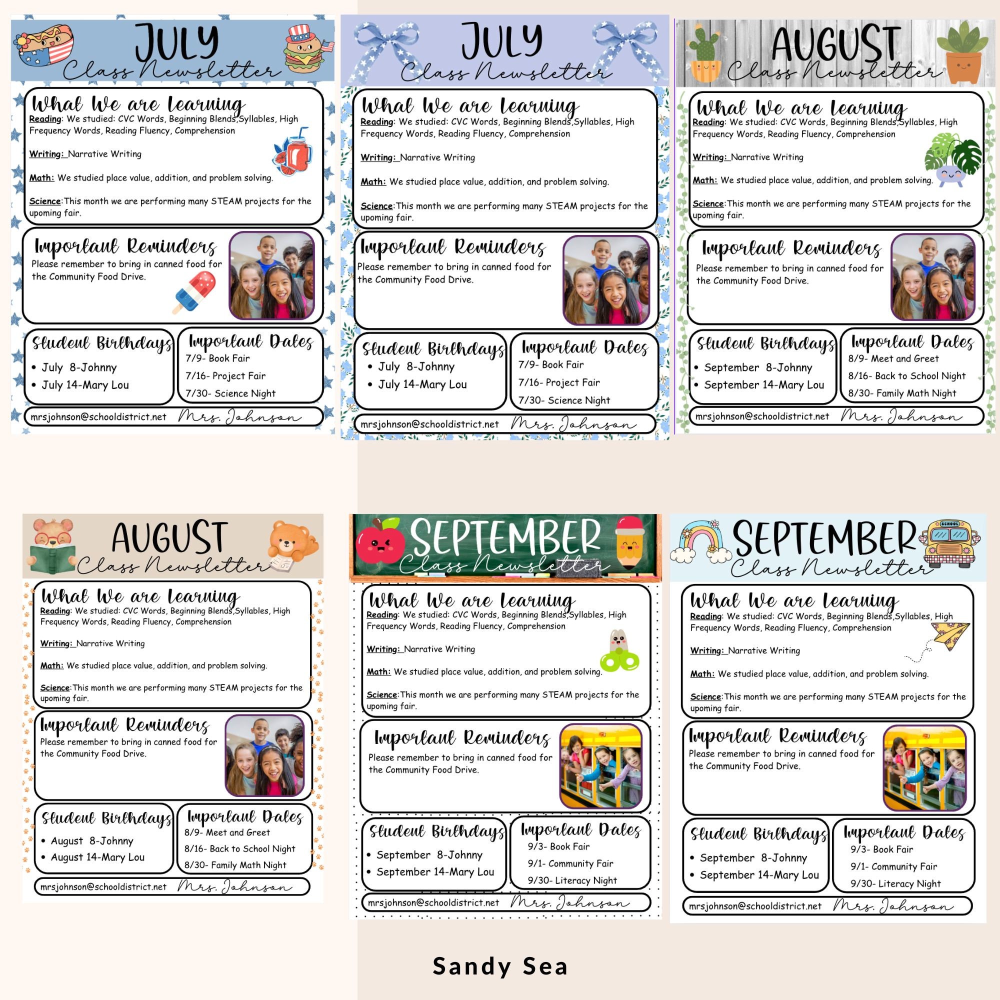 Classroom Newsletter Editable Template Set, Seasonal Monthly Class ...