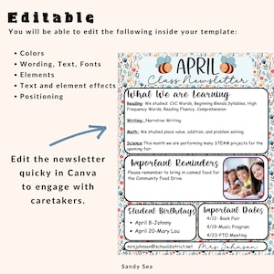 April Classroom Newsletter Editable Template,class Newsletter,spring ...