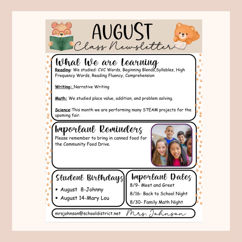 August Classroom Newsletter Editable Template, Class Newsletter, Back ...