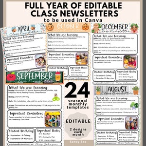 Classroom Newsletter Editable Template Set, Seasonal Monthly Class ...