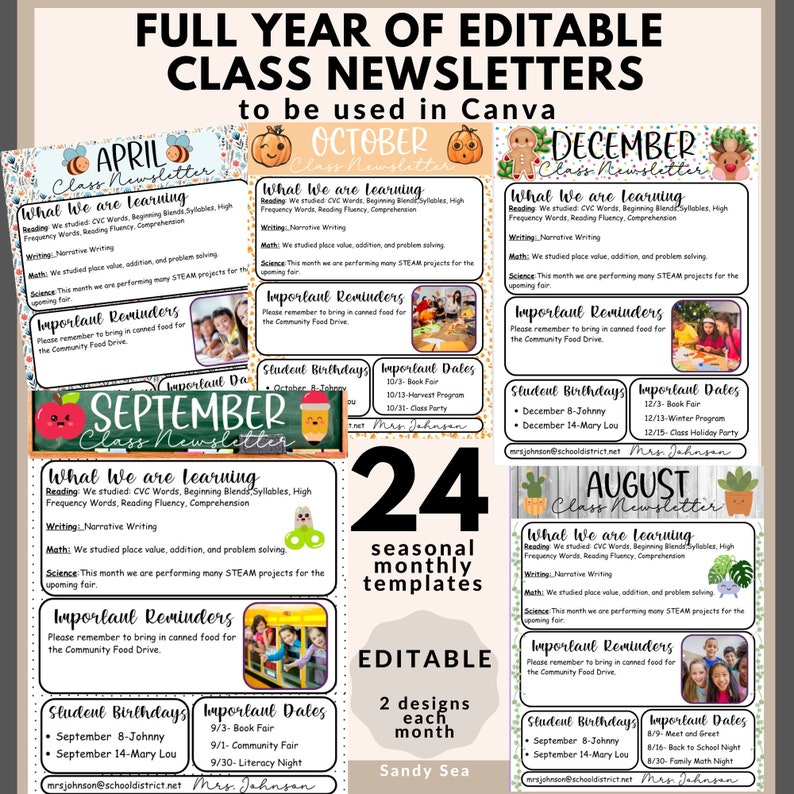 Classroom Newsletter Editable Template Set Seasonal Monthly Class Newsletter Year 24 Designs