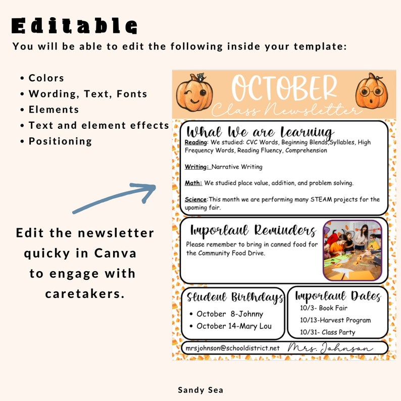October Classroom Newsletter Editable Template,class Newsletter, Fall ...