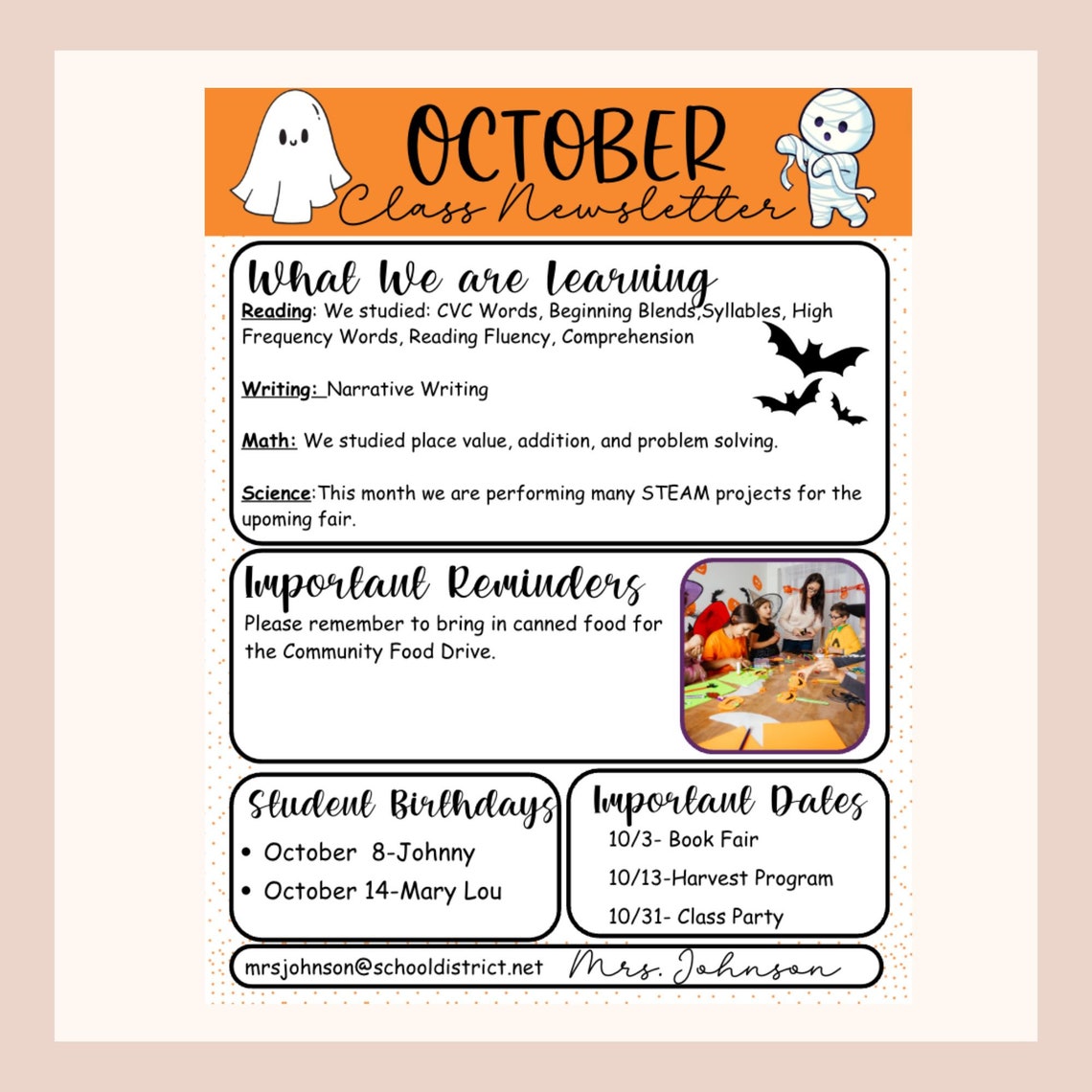 October Classroom Newsletter Editable Template,class Newsletter, Fall ...