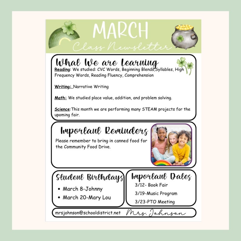 March Classroom Newsletter Editable Template,class Newsletter,shamrock ...