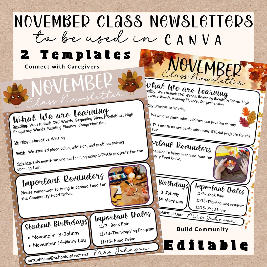 November Classroom Newsletter Editable Template,class Newsletter, Fall ...