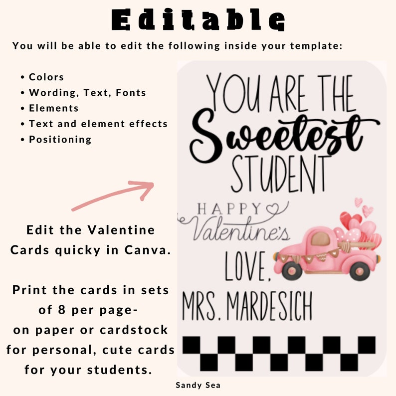 Teacher Valentine Cards,editable Template for Printable Student ...