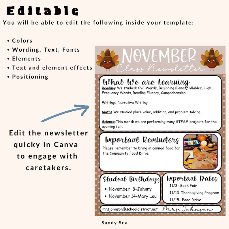 November Classroom Newsletter Editable Template,class Newsletter, Fall ...