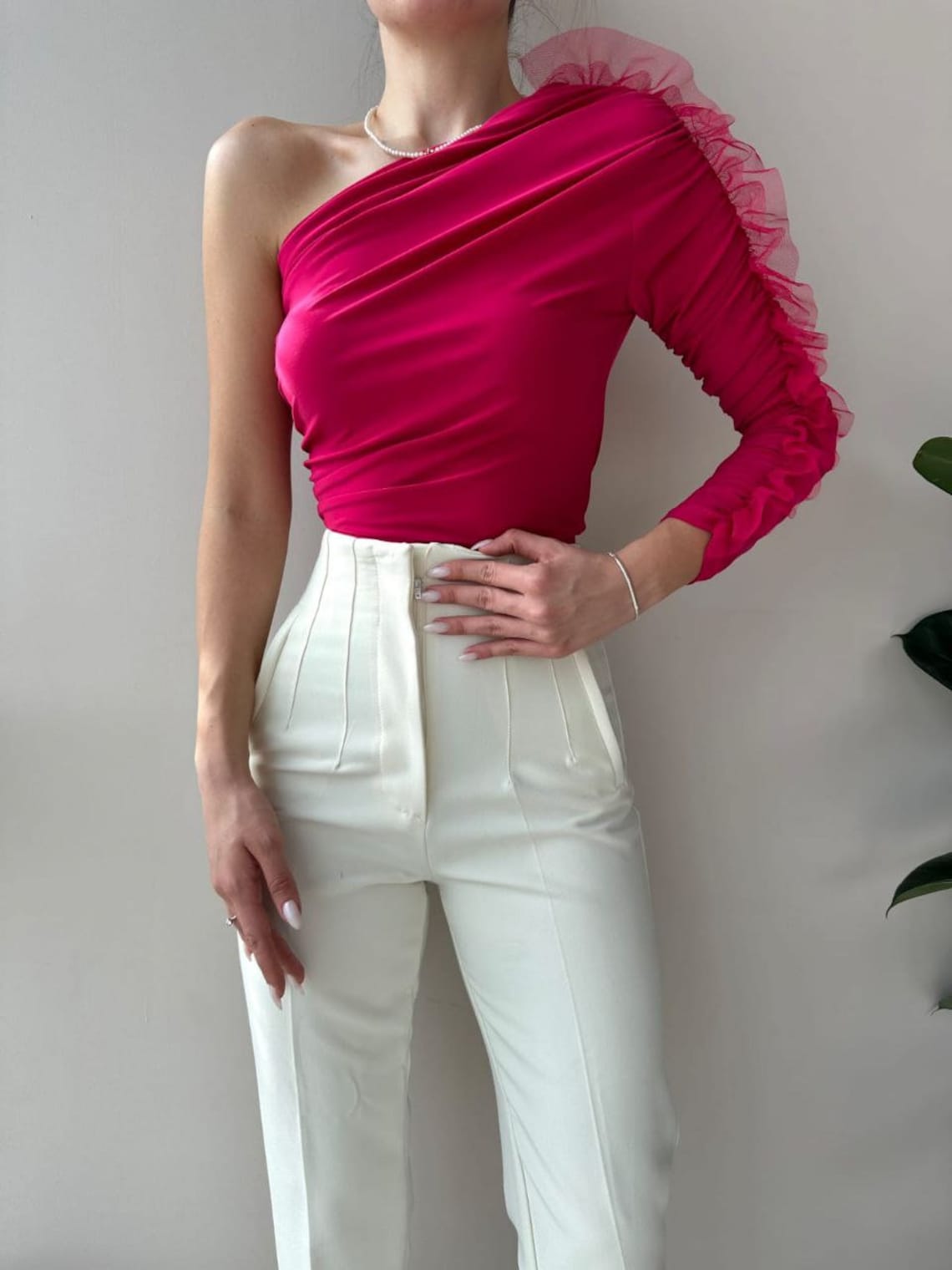 One Shoulder, One Long Sleeve Top, Ruffle Sleeve, Party Top - Etsy