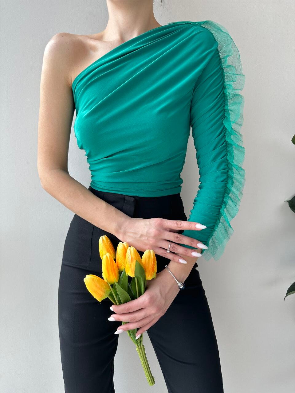 One Shoulder, One Long Sleeve Top, Ruffle Sleeve, Party Top - Etsy