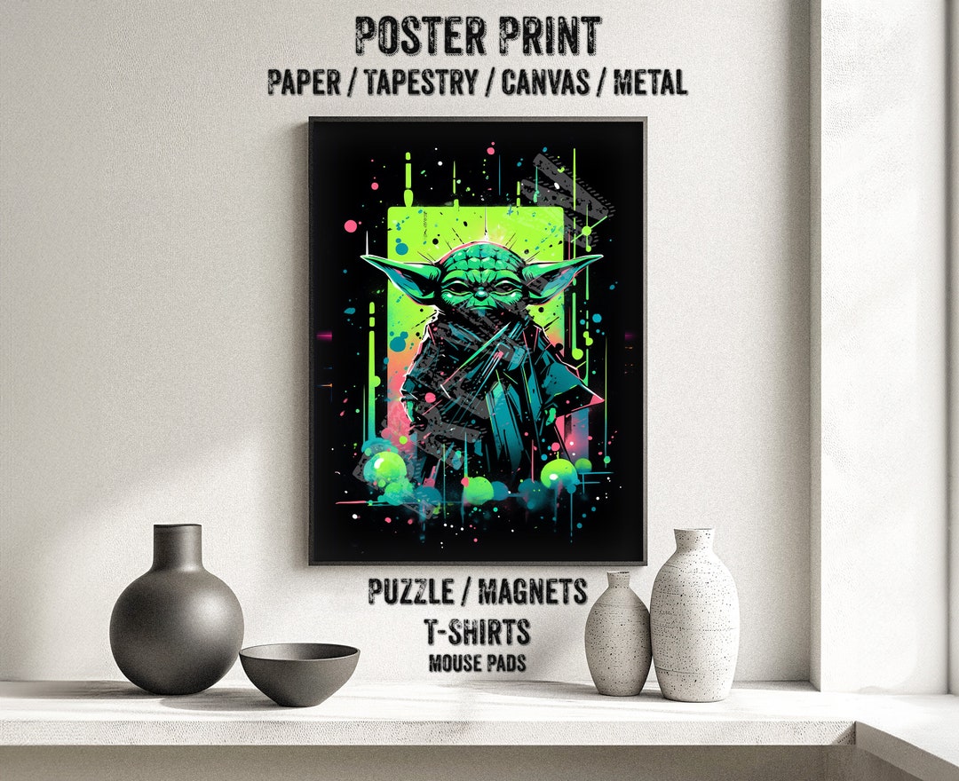 Neon Sage Alien Portrait, Vibrant Sci-fi, Retro Space Mentor Yoda Wall ...