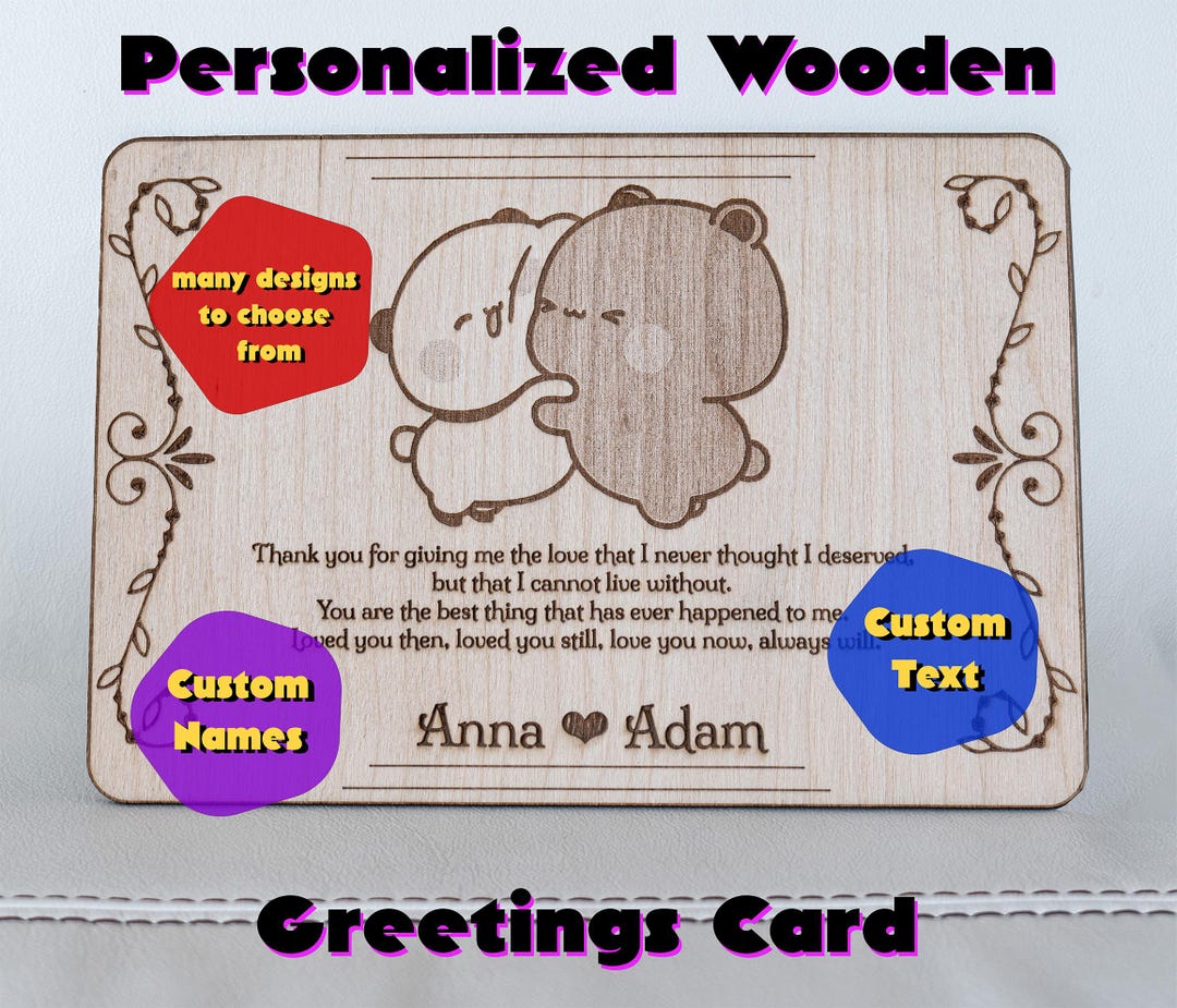 Dudu & Bubu Personalized Wooden Greetings Card, Laser Engraving, Burn ...
