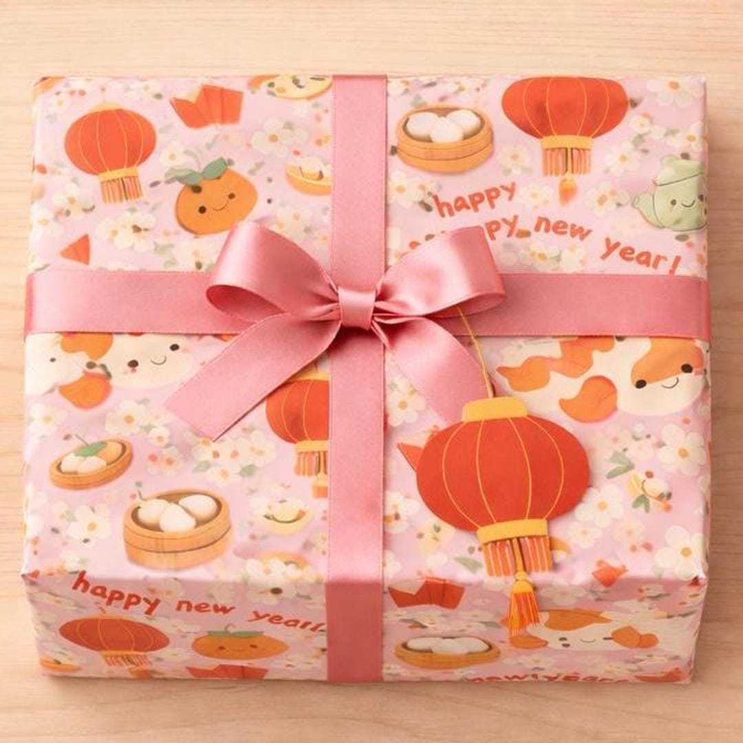Lunar New Year Wrapping Paper | Kawaii Pink Chinese New Year Gift Wrap ...