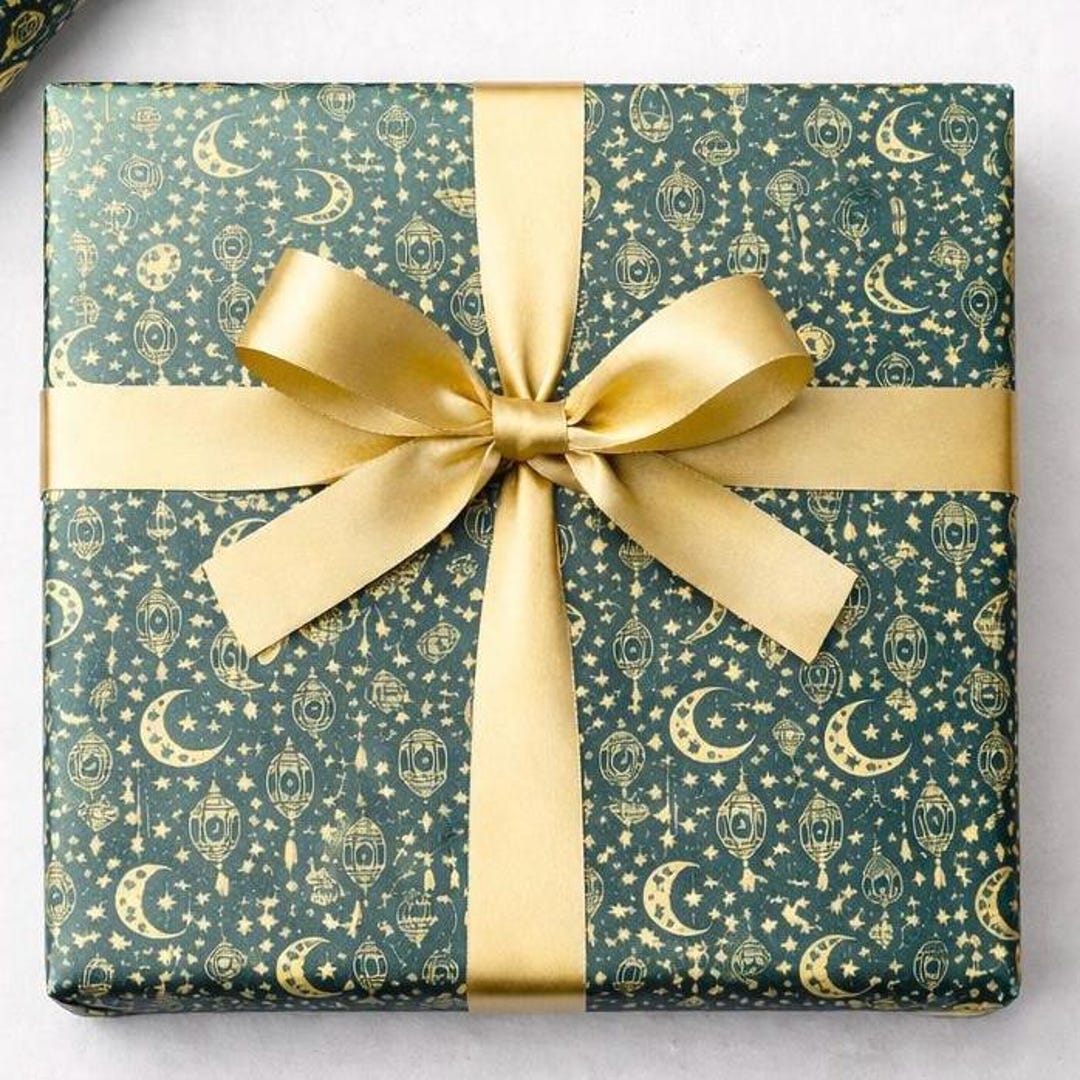Eid Mubarak Wrapping Paper Teal Blue and Gold Crescent Moon Gift Wrap ...