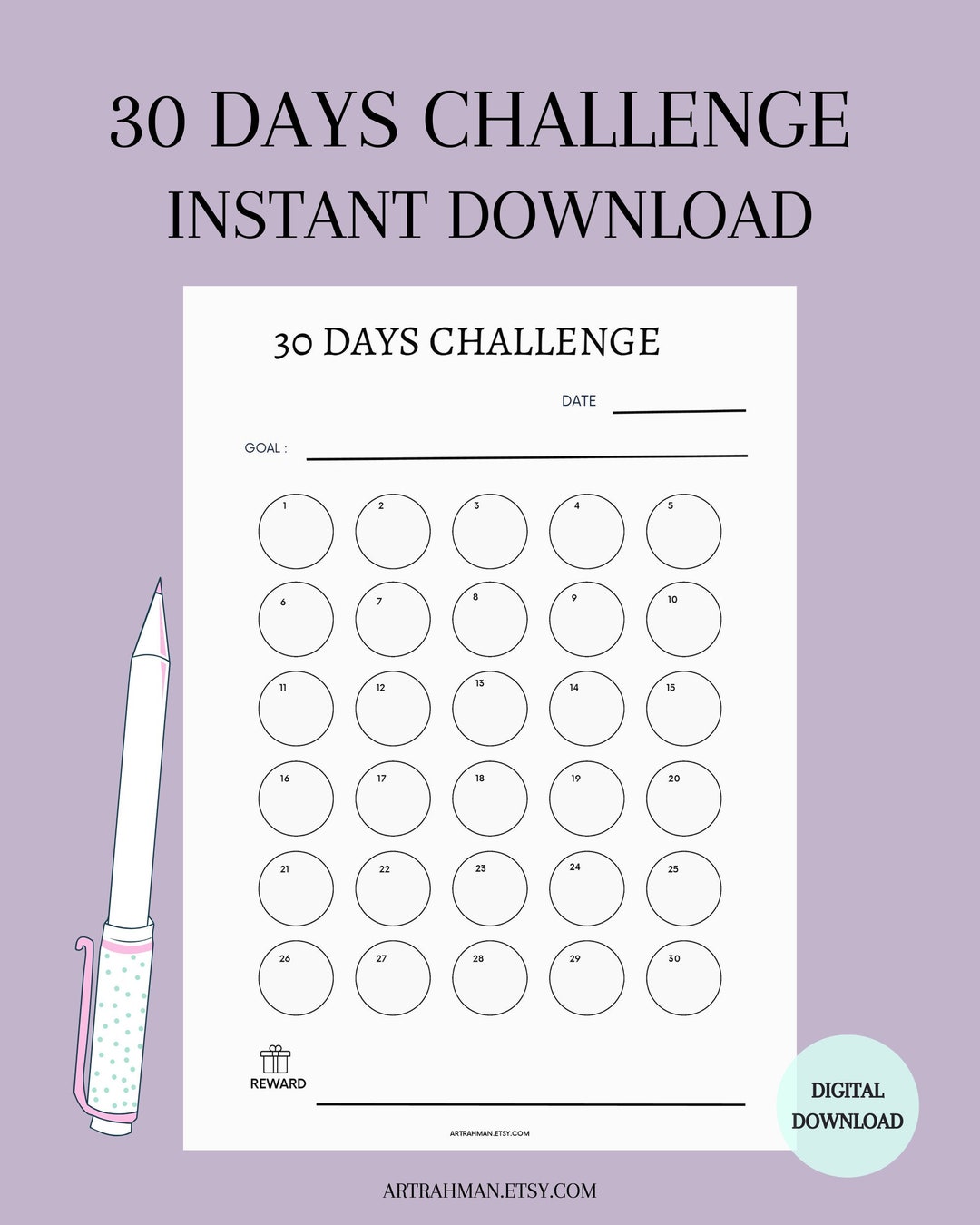 30 Day Challenge, Goal Setting Progress Tracker, Self Control, Habit ...