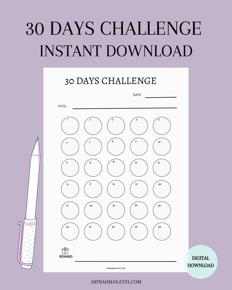 30 Day Challenge, Goal Setting Progress Tracker, Self Control, Habit ...