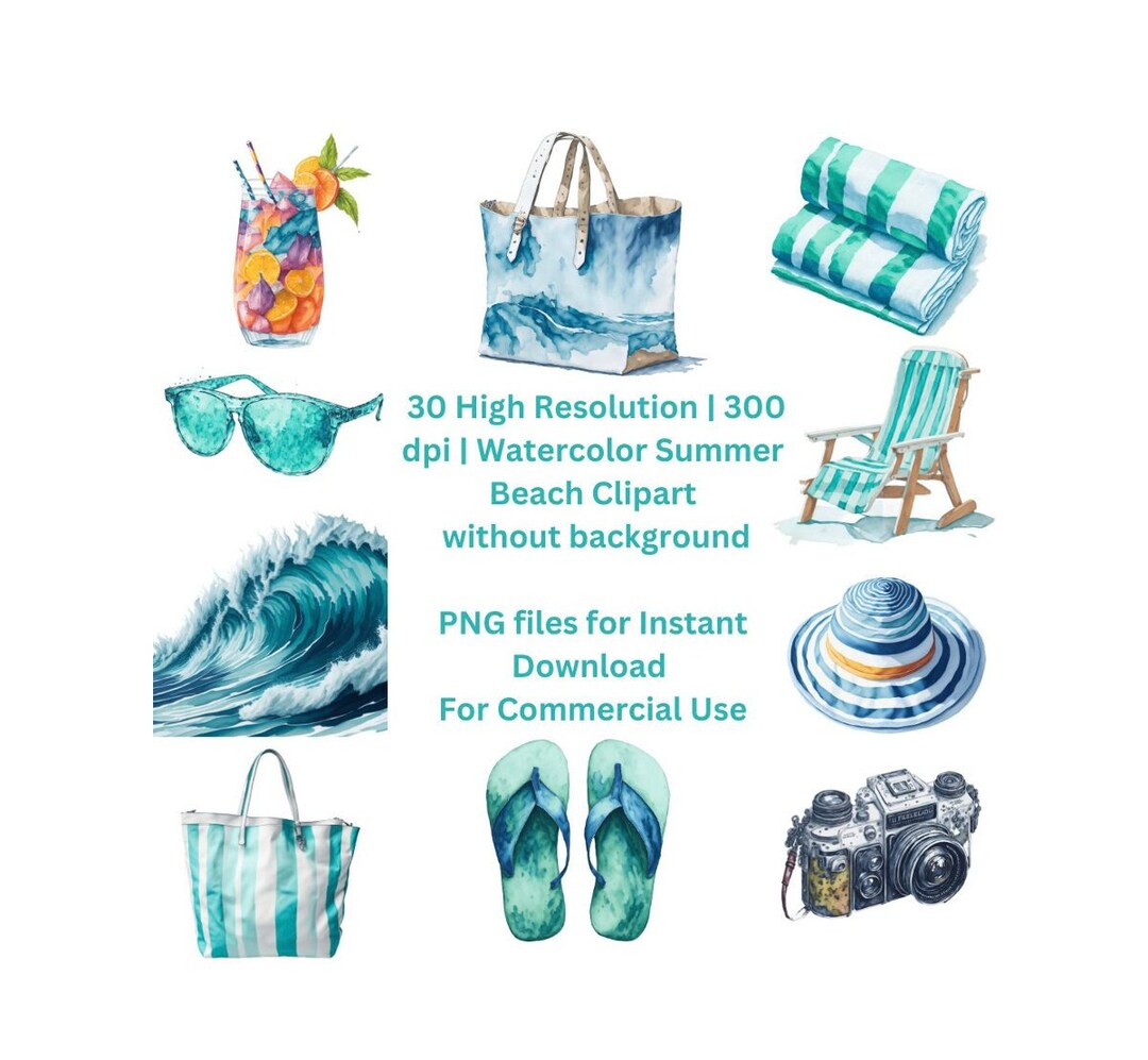 Summer Beach Clipart: 30 Watercolor Ocean Pngs (digital Download) - Etsy
