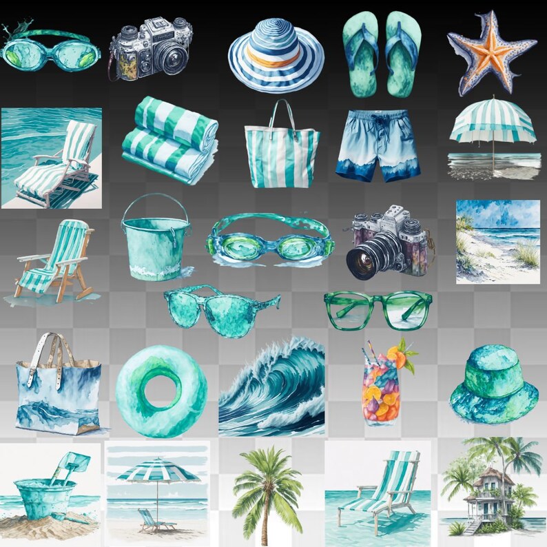 Summer Beach Clipart: 30 Watercolor Ocean Pngs (digital Download) - Etsy