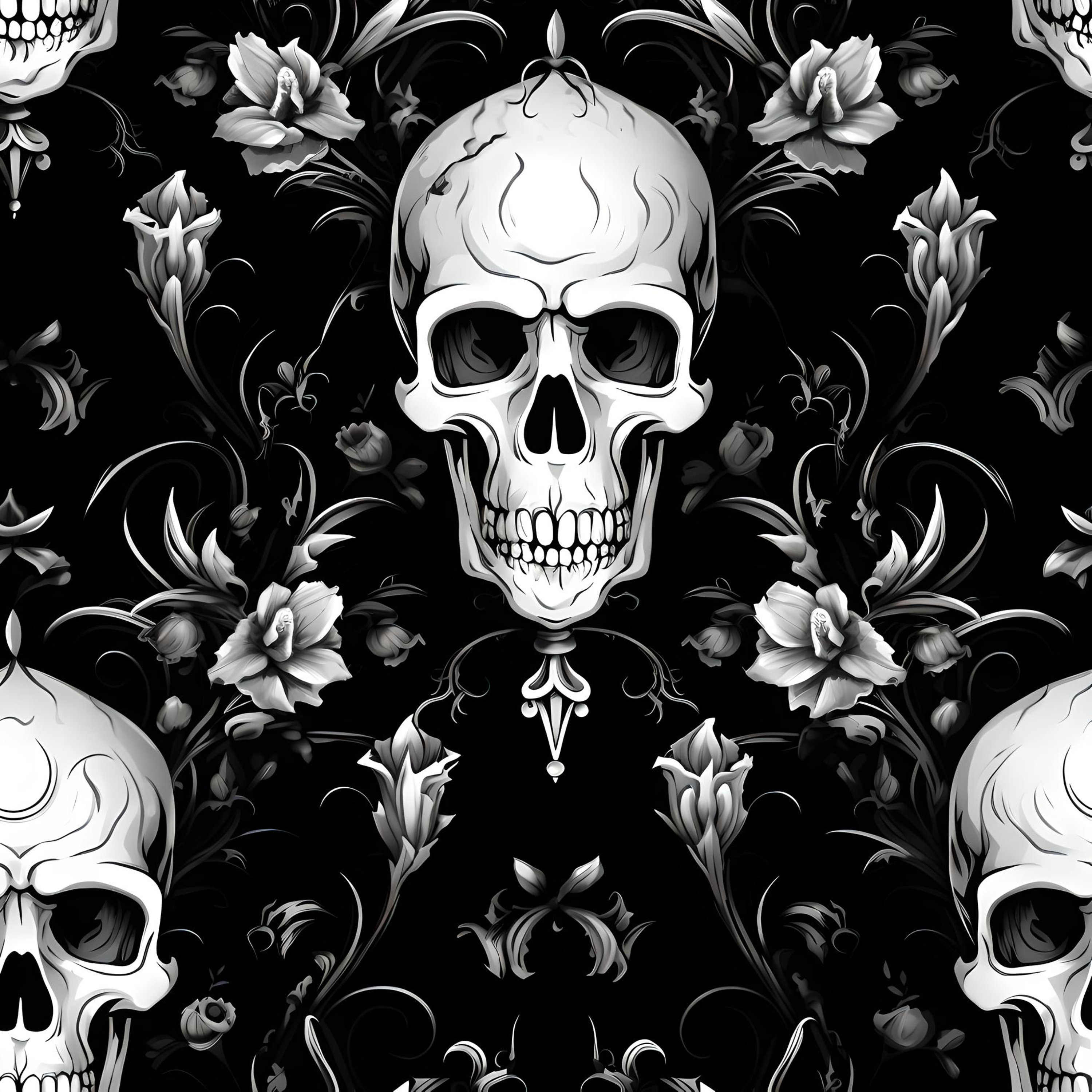 Gothic Halloween Black and White Skull Tile Design - PNG File - Digital ...