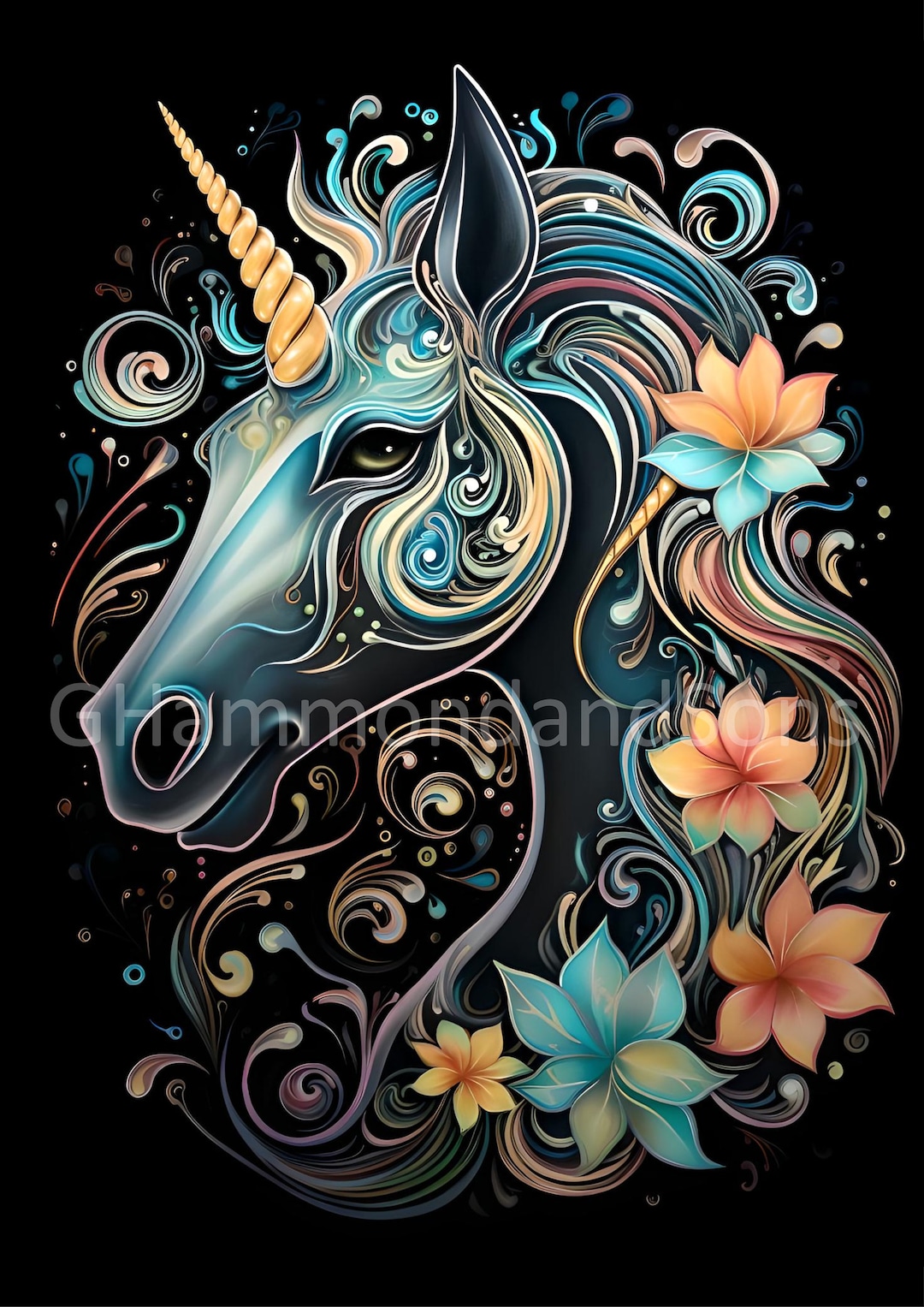 Art Nouveau Unicorn Portrait, Mystical Black Background, Art Print, Digital Download A3 PNG ...
