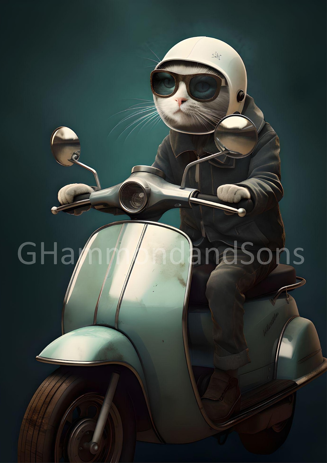 Cat Riding Moped Art Digital Print - A3 Portrait - PNG File - Digital ...