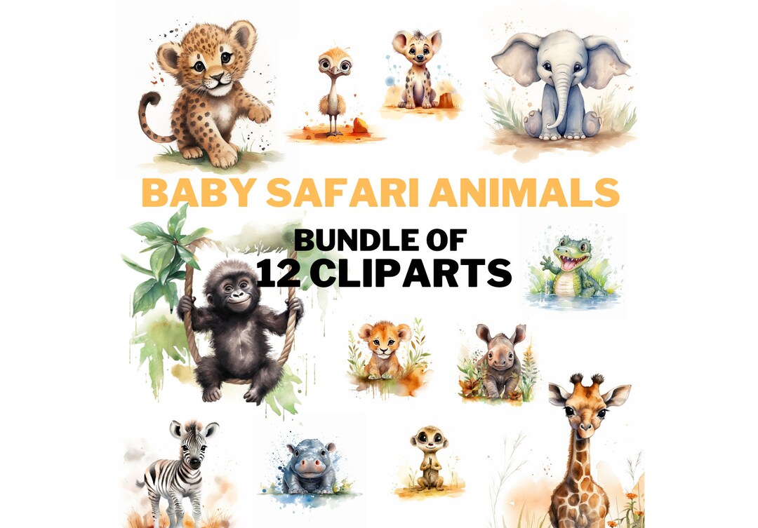 12 Safari Baby Animals Watercolor Clipart Jpgs Digital - Etsy
