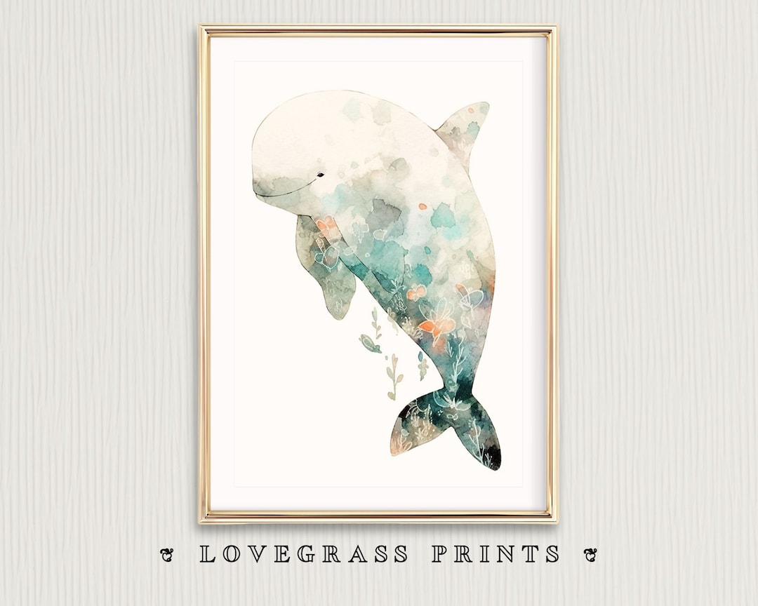 Beluga Whale Digital Art Print, Vintage Whale Art Print, Beluga Art ...