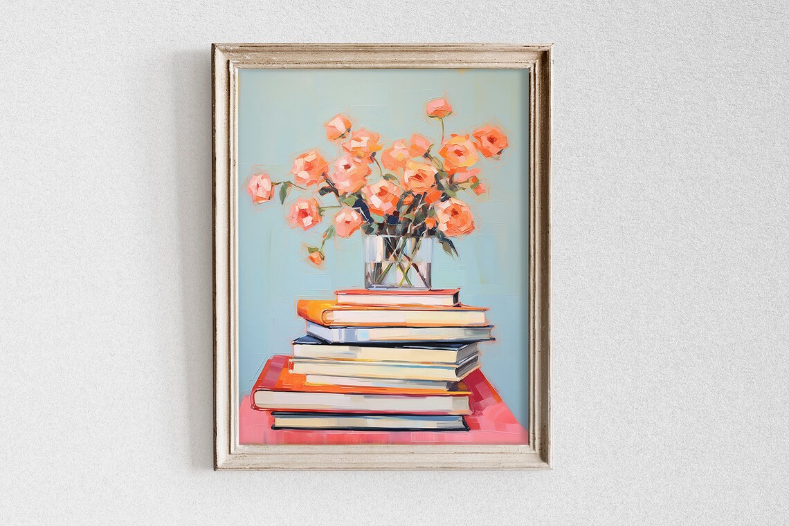 Book Lover Print, Blush Pink Wall Art, Book Stack Decor, Bookish Wall ...